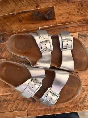 Birkenstock | Shoes | Birkenstock Metallic Silver Double Buckle Sandals ...